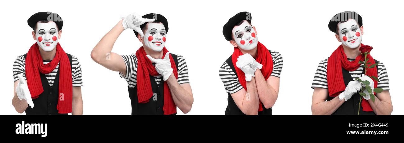 Funny mime posing on white background, set of photos Stock Photo - Alamy