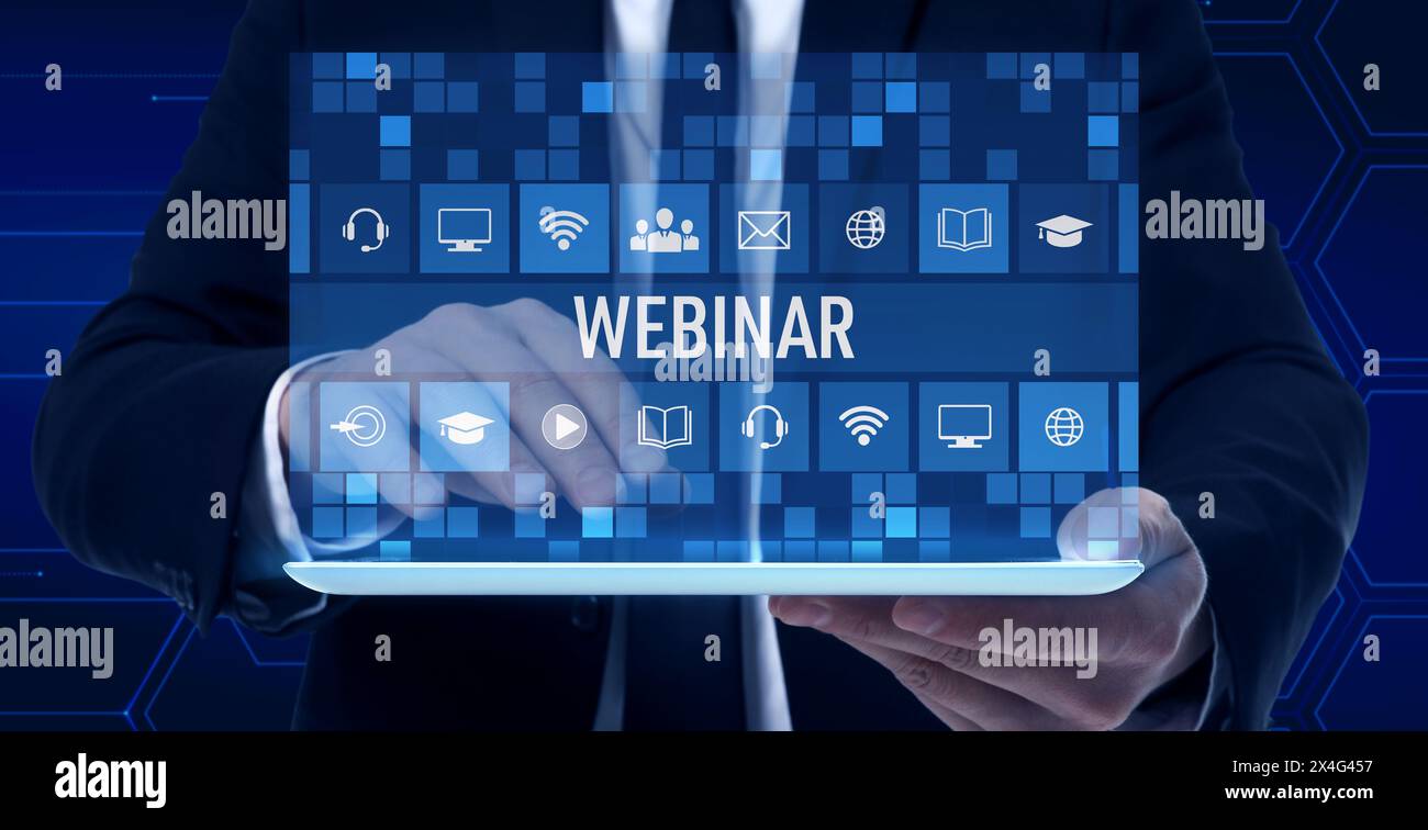 Webinar, banner design. Man using tablet on dark blue background ...