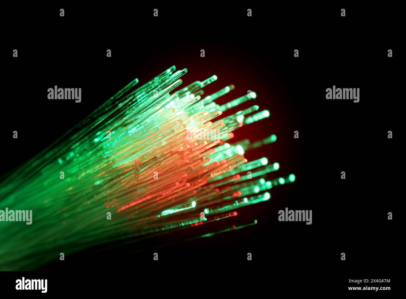 Optical fiber strands transmitting green and red light on black ...