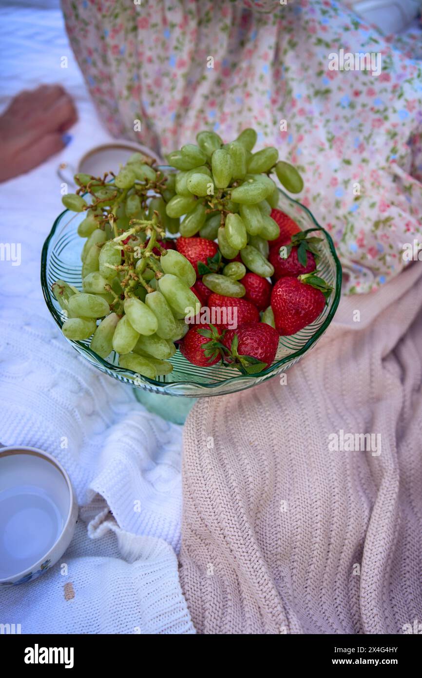 fruits and pancakes on a picnic blanket Stock Photo - Alamy