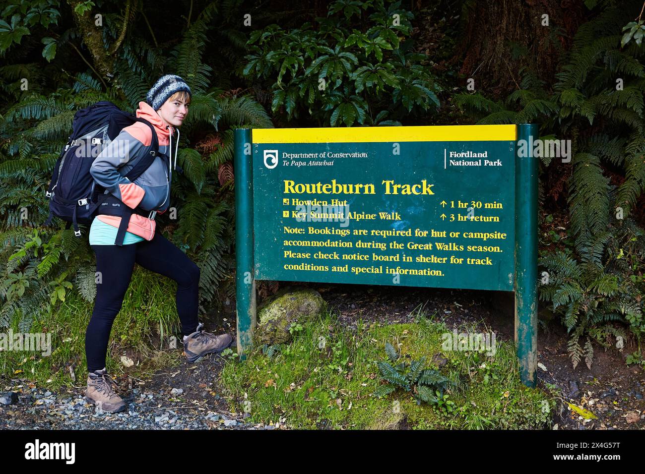 Routeburn track great walk hiking trail sign in New Zealand Stock Photo ...