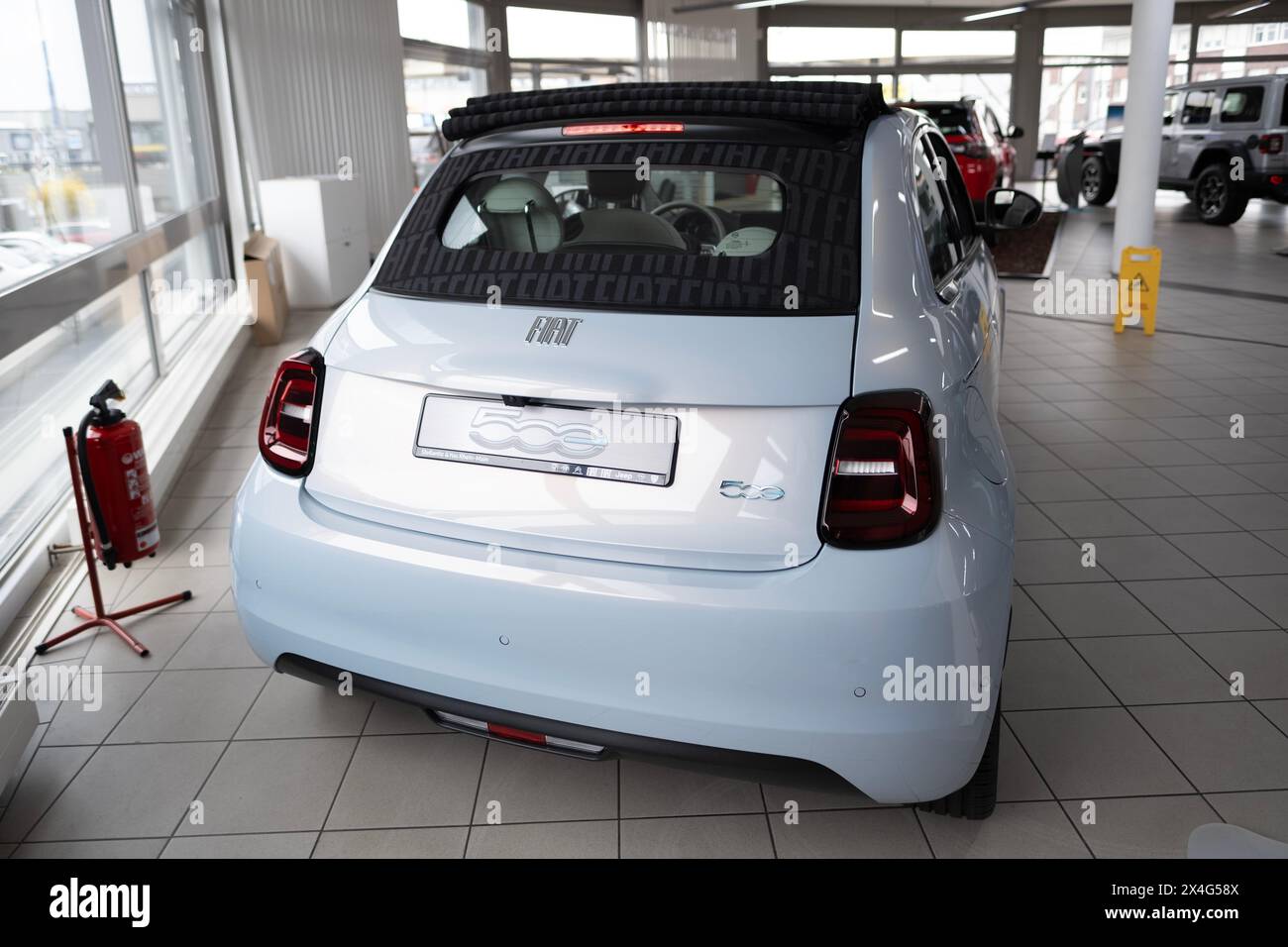 Electric new light blue Fiat 500 E classic Cabrio car, automotive ...
