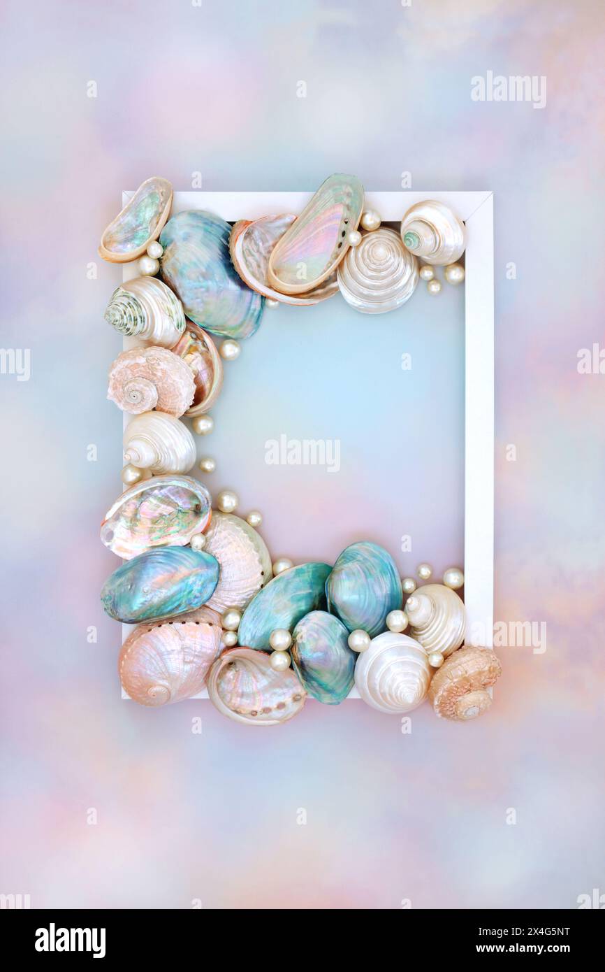 Shell and pearl abstract frame on rainbow sky background with ...