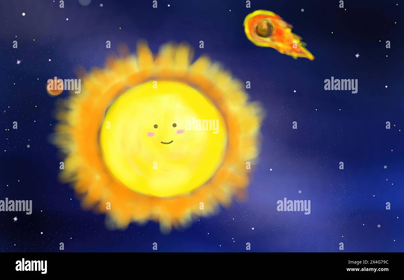 Cute smiling sun and comet in a starry sky. Whimsical cosmic ...