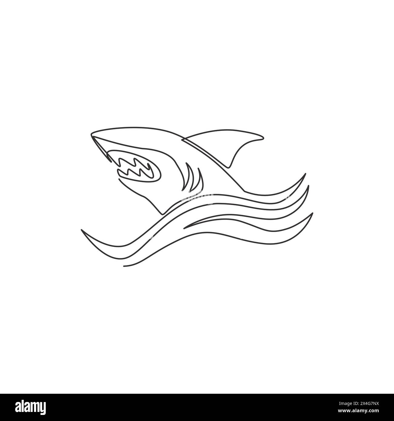 Single continuous line drawing of aggressive shark for nature adventure ...