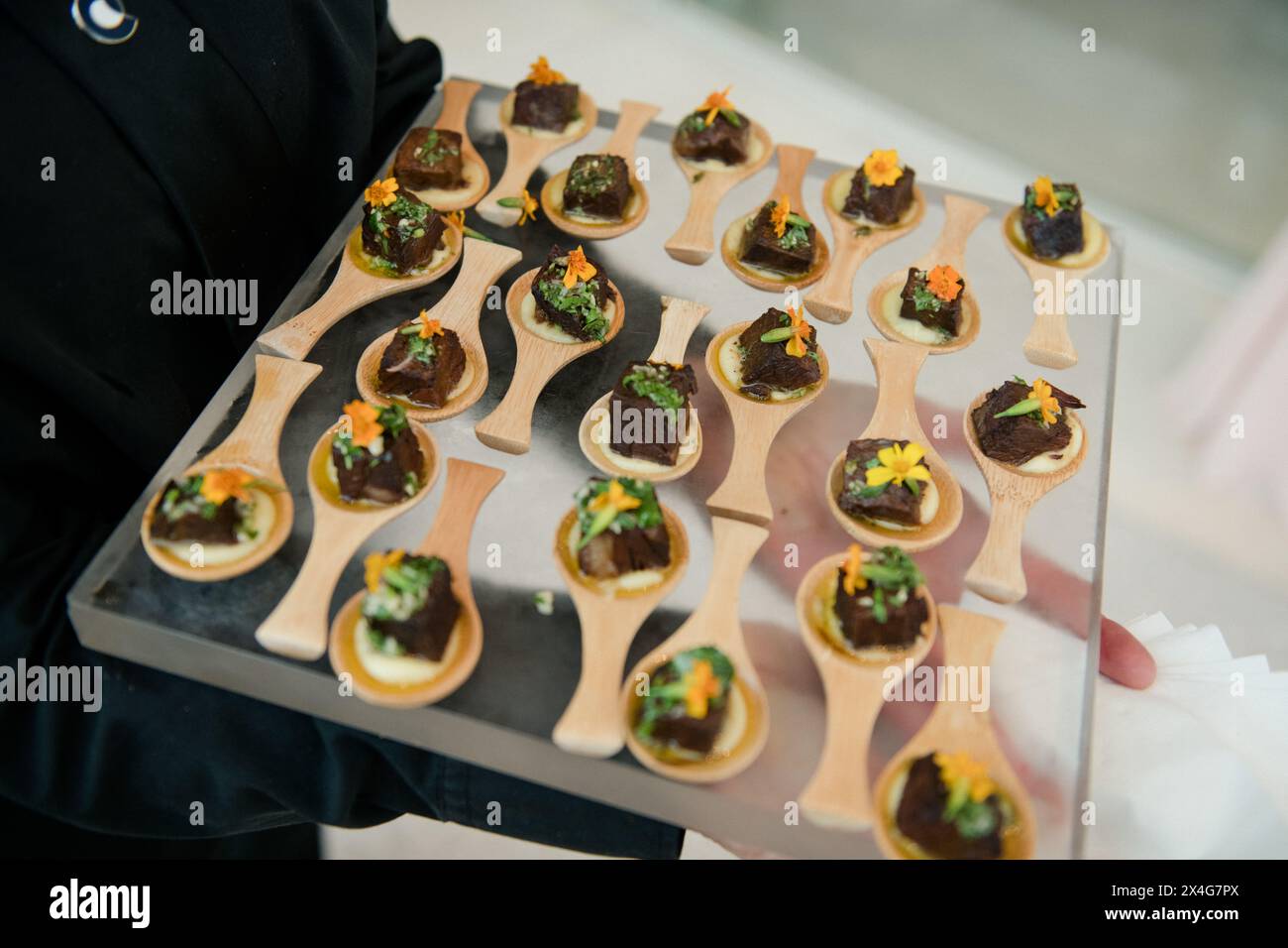 Exquisitely plated bite-sized gourmet appetizers on wooden spoons Stock ...
