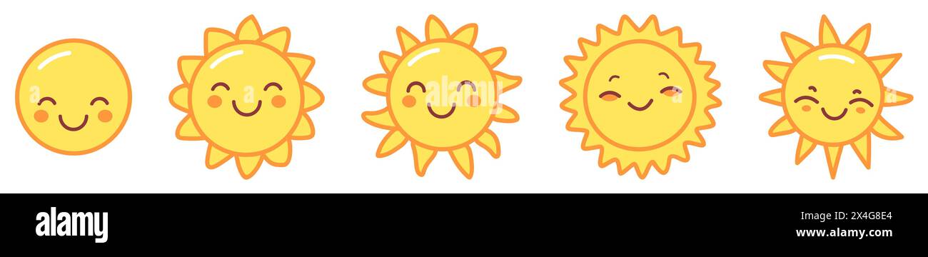 Set of cute suns. Summer sunlight emoticons. Smiling sun with sunbeams ...