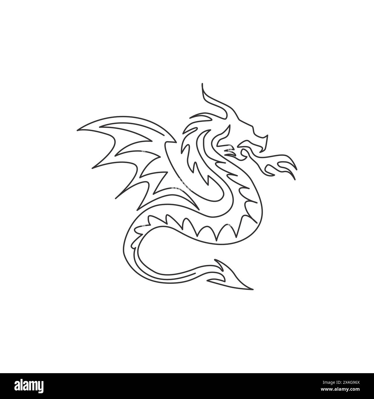 Single continuous line drawing of fictional monsters dragon for chinese ...
