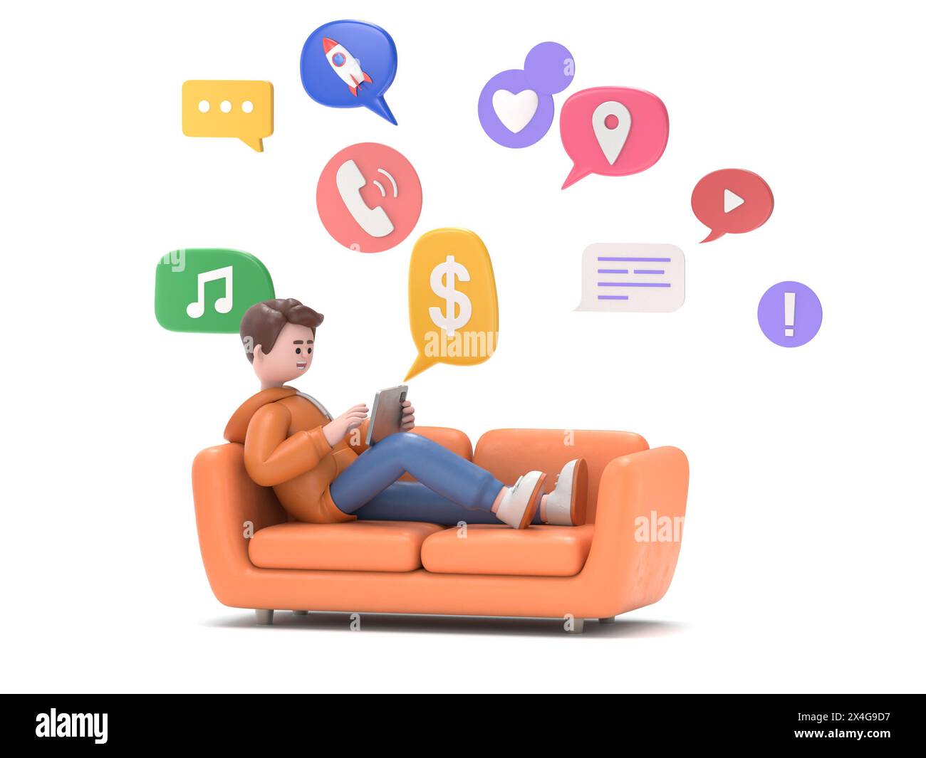 3D illustration of male guy Qadir sleeping and dreaming of something ...