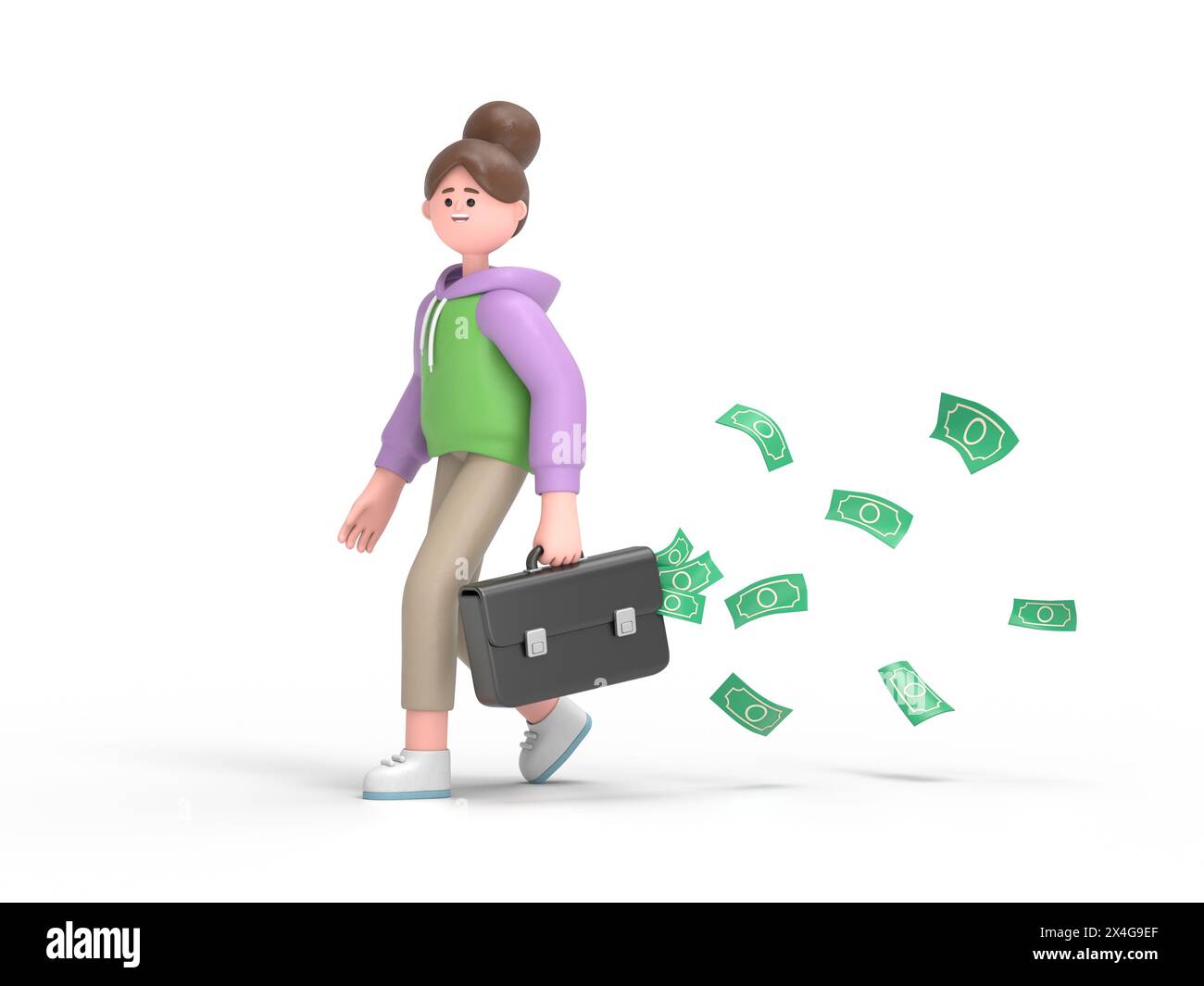 3D illustration of smiling Asian girl Renae with a full briefcase of ...