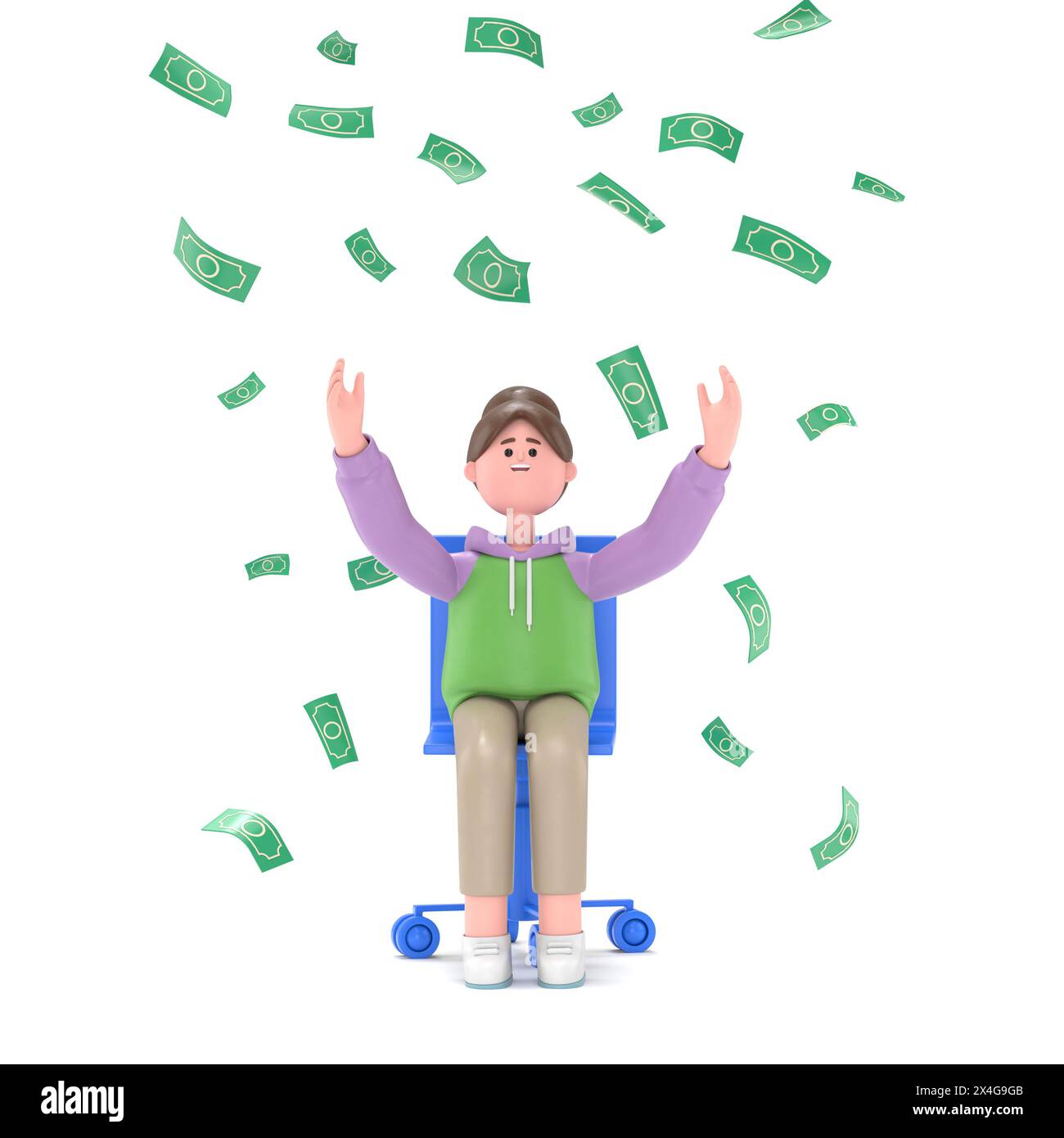 3D illustration of smiling Asian girl Renae celebrates success sitting ...