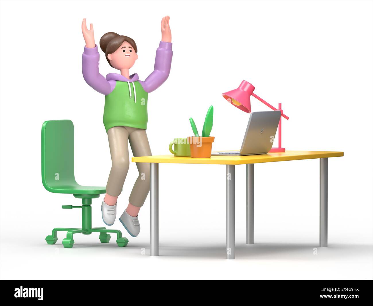 3D illustration of smiling Asian girl Renae happy in the office ...