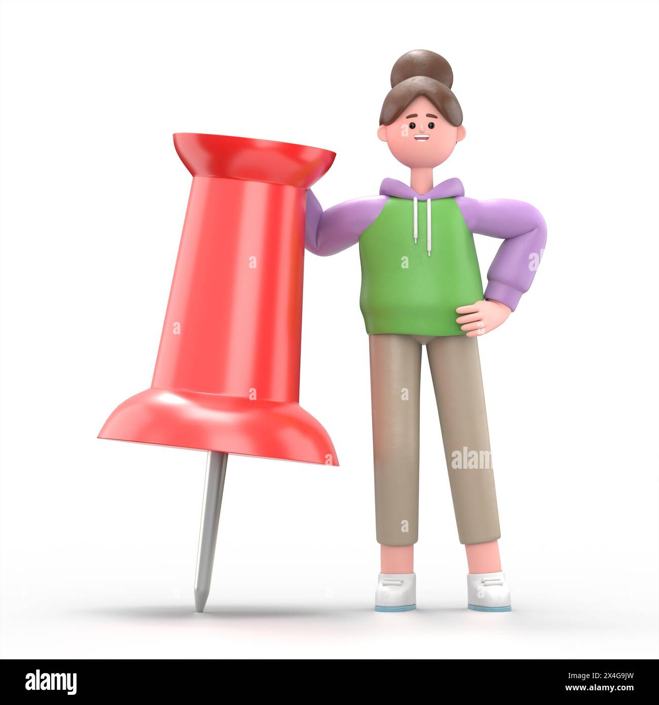 3D illustration of Asian girl Renae leaning on a huge red pushpin.3D ...