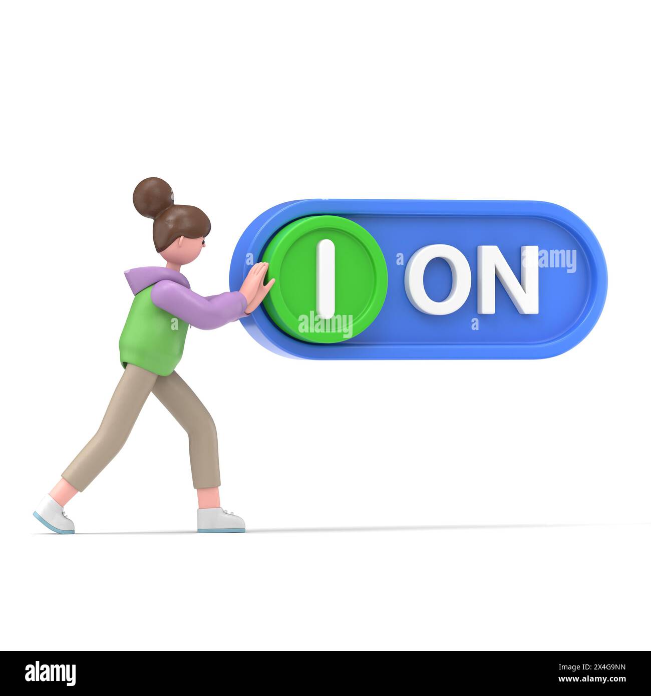 3D illustration of Asian girl Renae presses a button. Project start. Open progress. Turn on ...