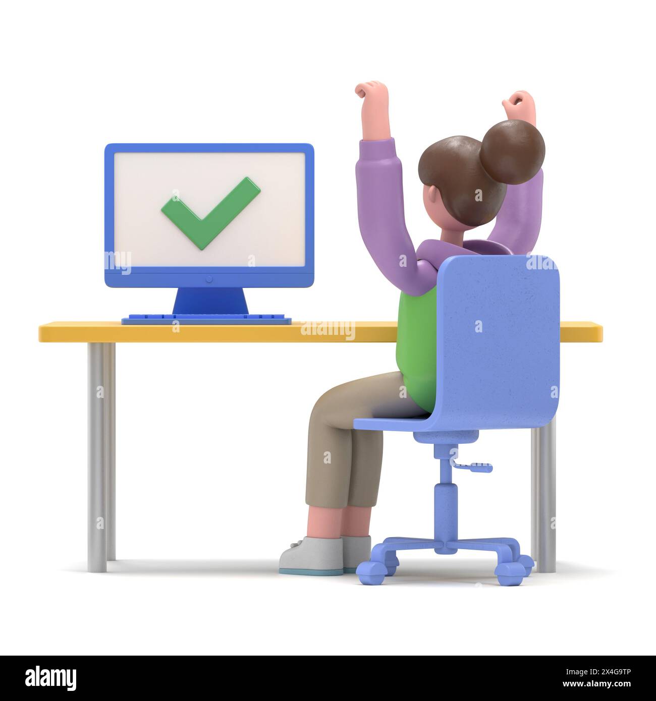 3D illustration of Asian girl Renae completed task and triumphing with ...