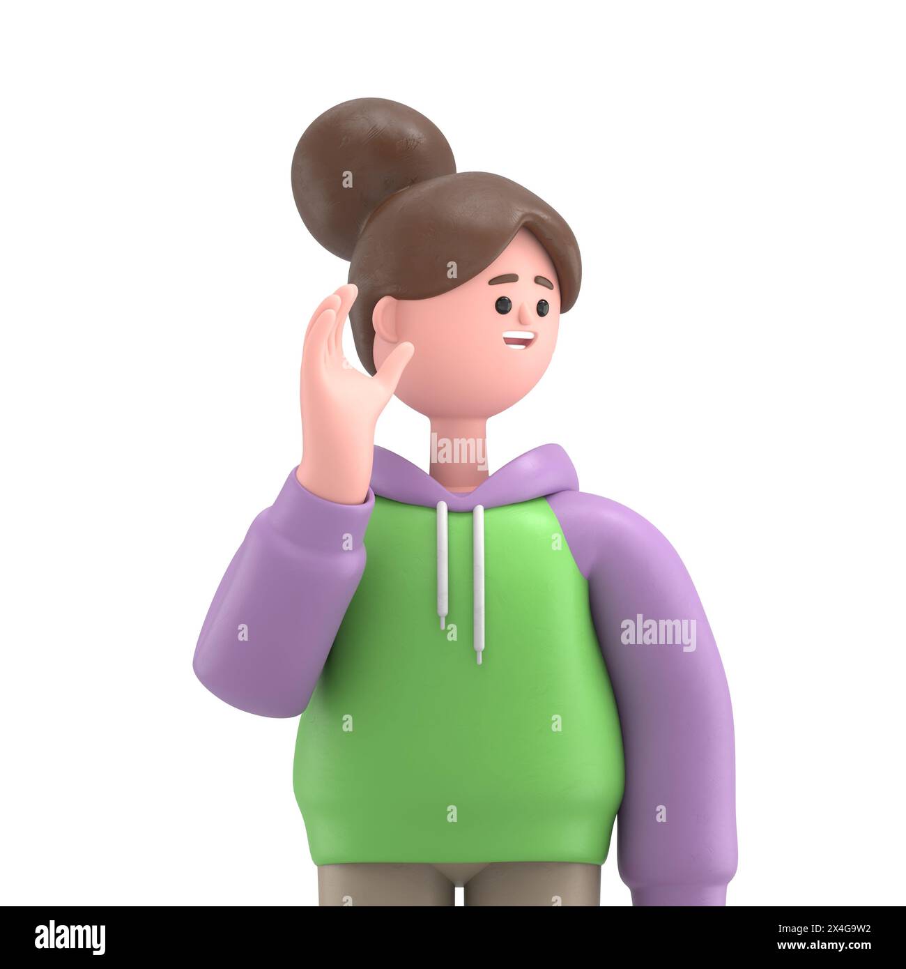 3D illustration of Asian girl Renae try to hear you overhear listening ...