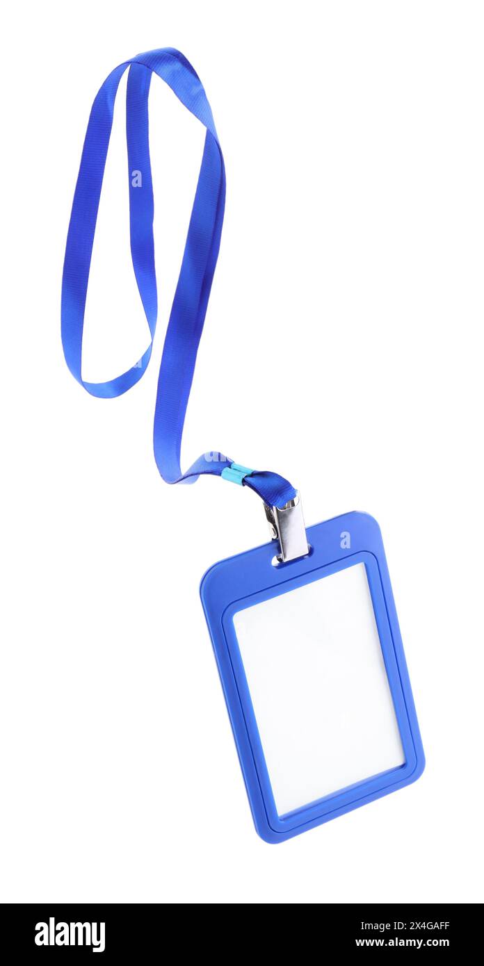 Blank blue badge with string isolated on white Stock Photo - Alamy