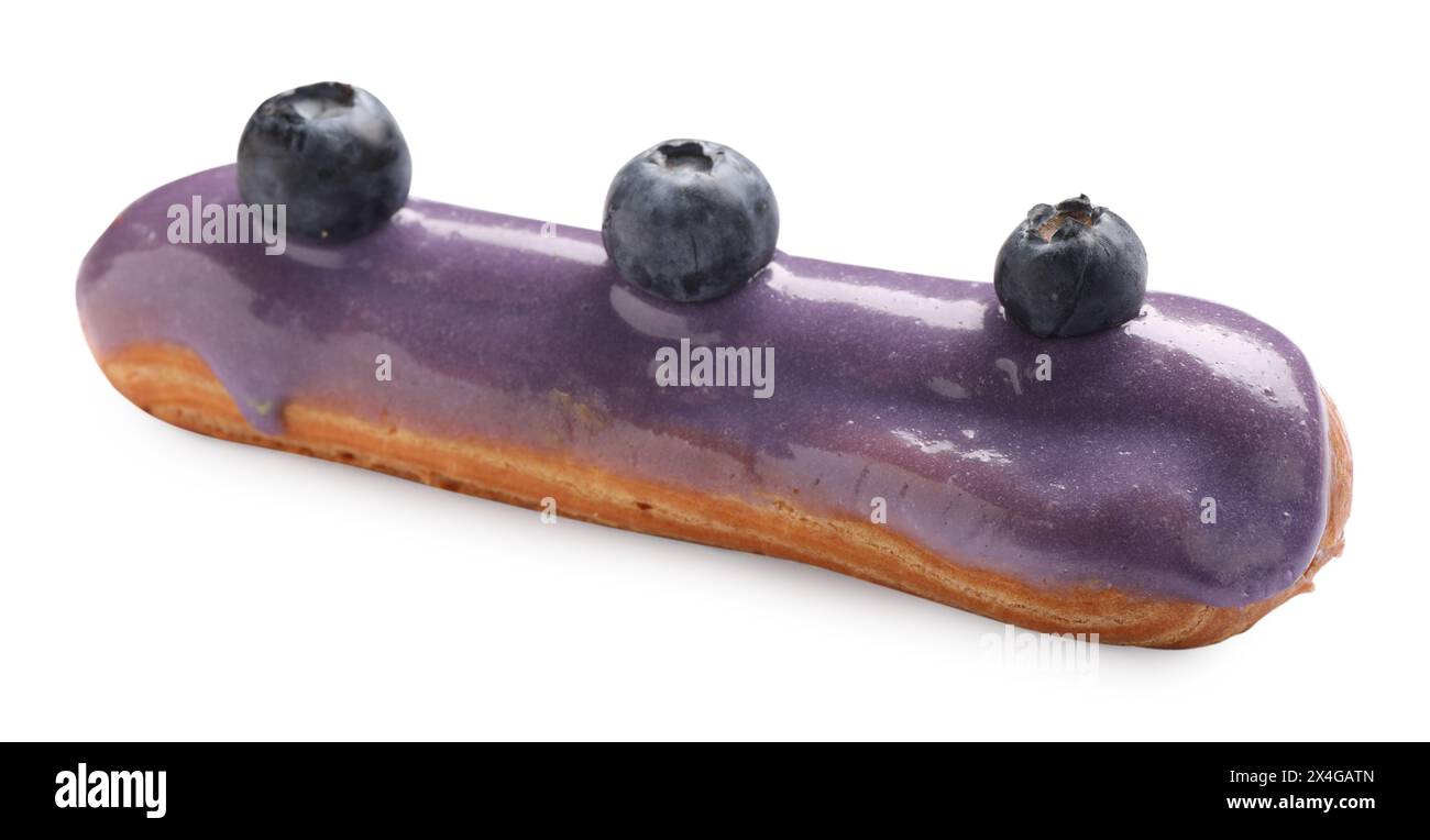 Delicious eclair decorated with blueberries isolated on white Stock ...