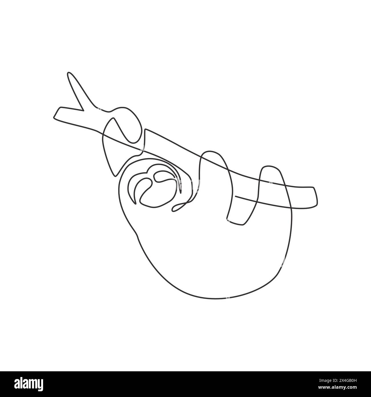 One continuous line drawing of lazy sloth hanging at the tree branch ...