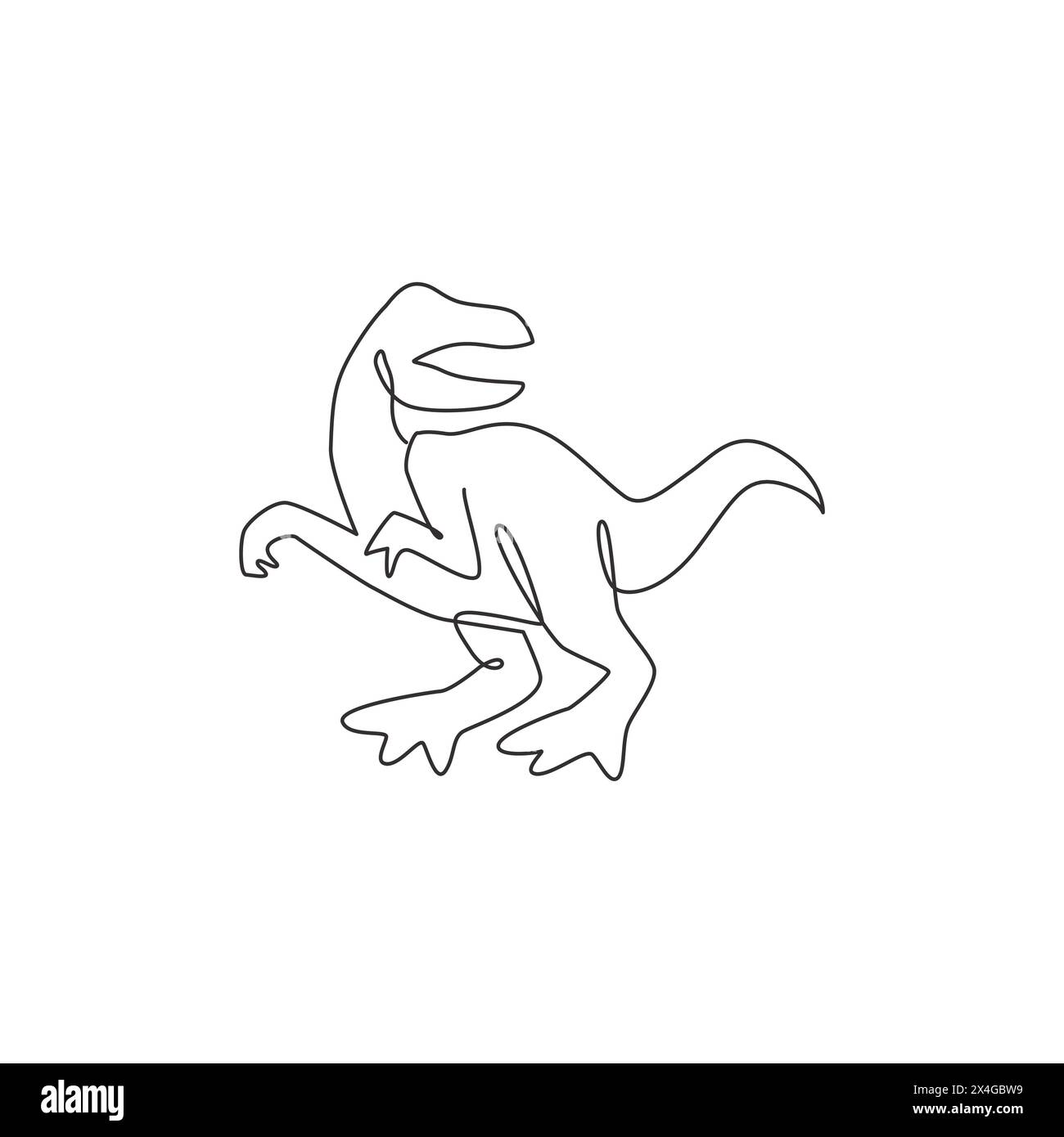 Single continuous line drawing of aggressive velociraptor for logo ...