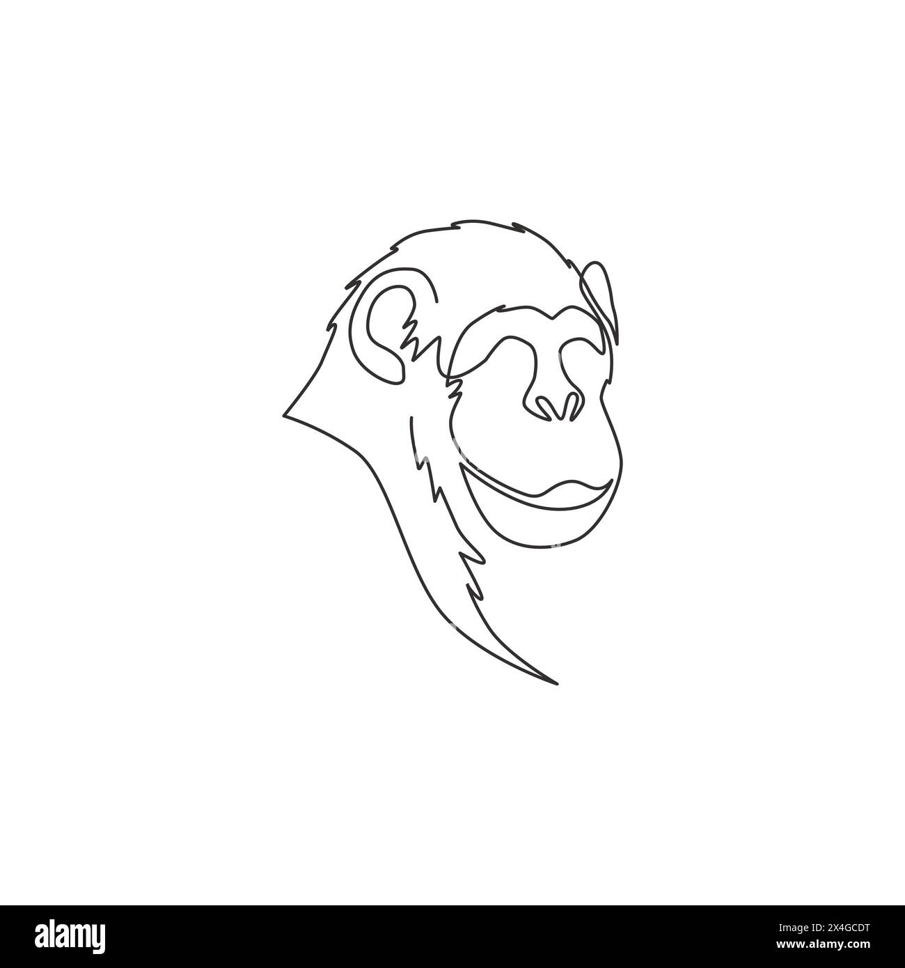 One single line drawing of cute smiling chimpanzee head for company ...