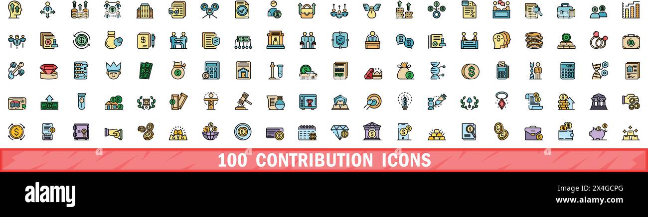 100 contribution icons set. Color line set of contribution vector icons ...