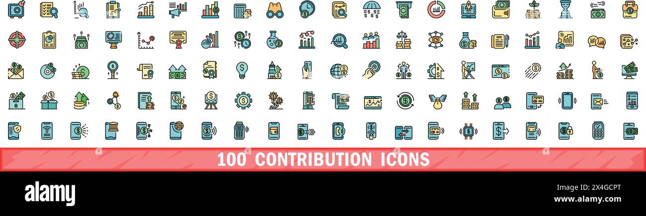 100 contribution icons set. Color line set of contribution vector icons ...