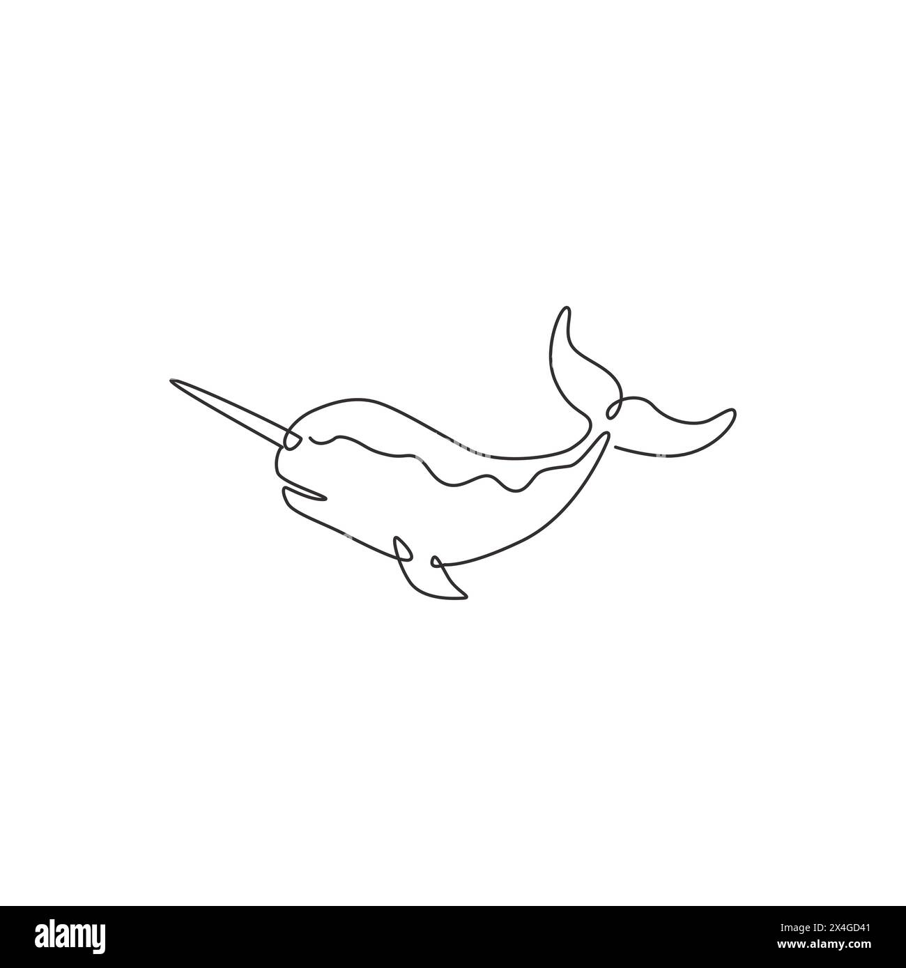 One continuous line drawing of cute narwhal with tusk for marine ...
