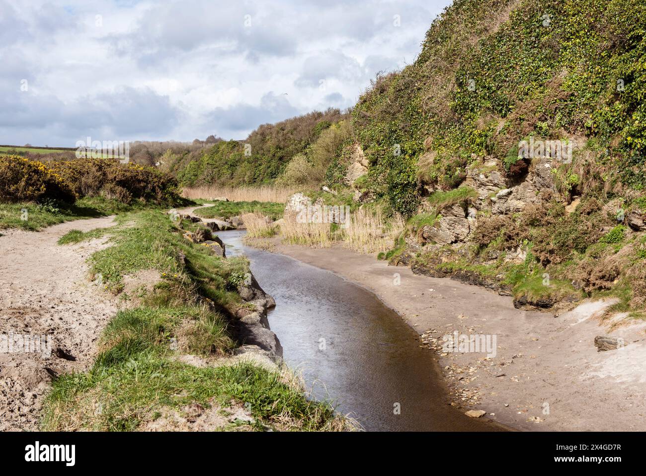The Par Polmear River flowing towards the sea at Par Beach in Cornwall ...