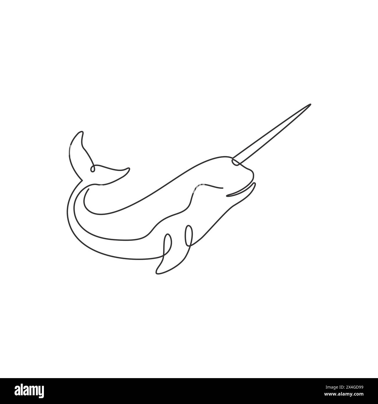 One continuous line drawing of cute narwhal with tusk for marine ...