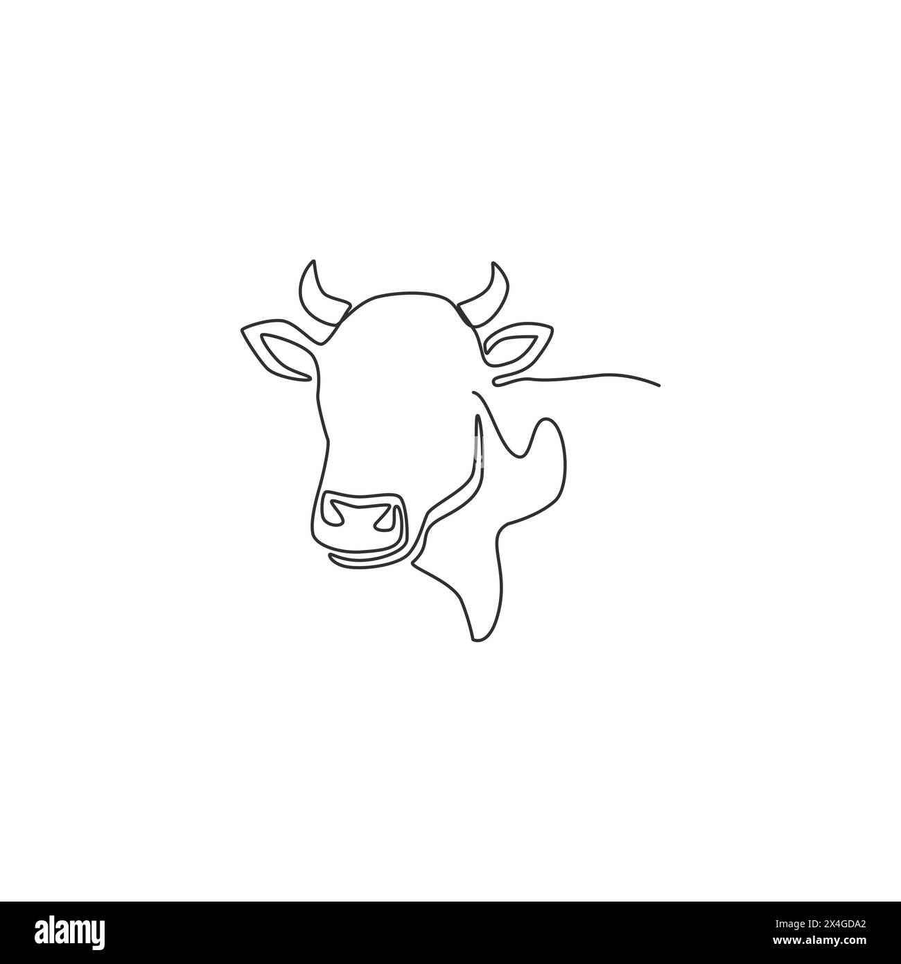 Single continuous line drawing of plump cow head for farming logo ...