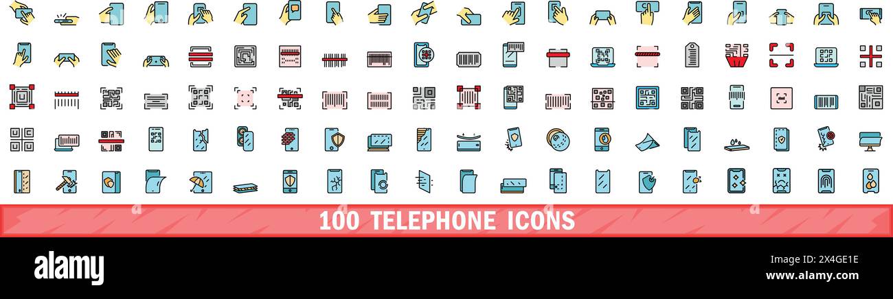100 telephone icons set. Color line set of telephone vector icons thin ...
