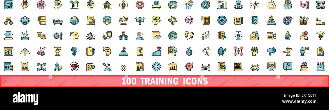 100 training icons set. Color line set of training vector icons thin ...