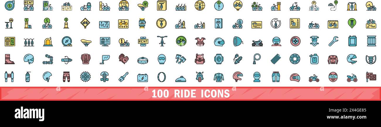 100 ride icons set. Color line set of ride vector icons thin line color ...
