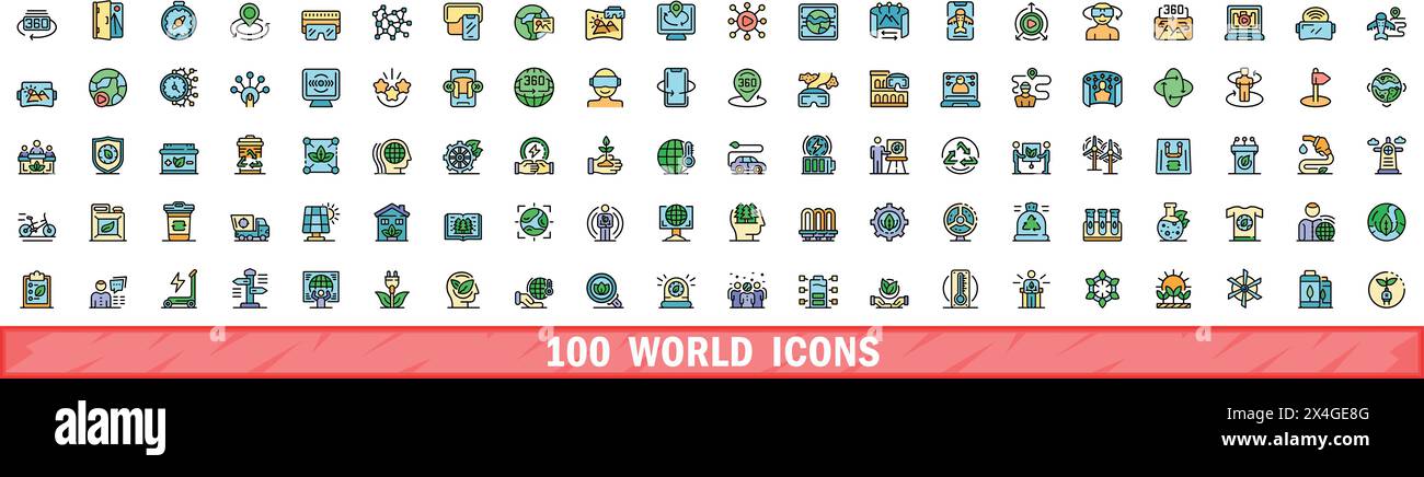 100 world icons set. Color line set of world vector icons thin line ...