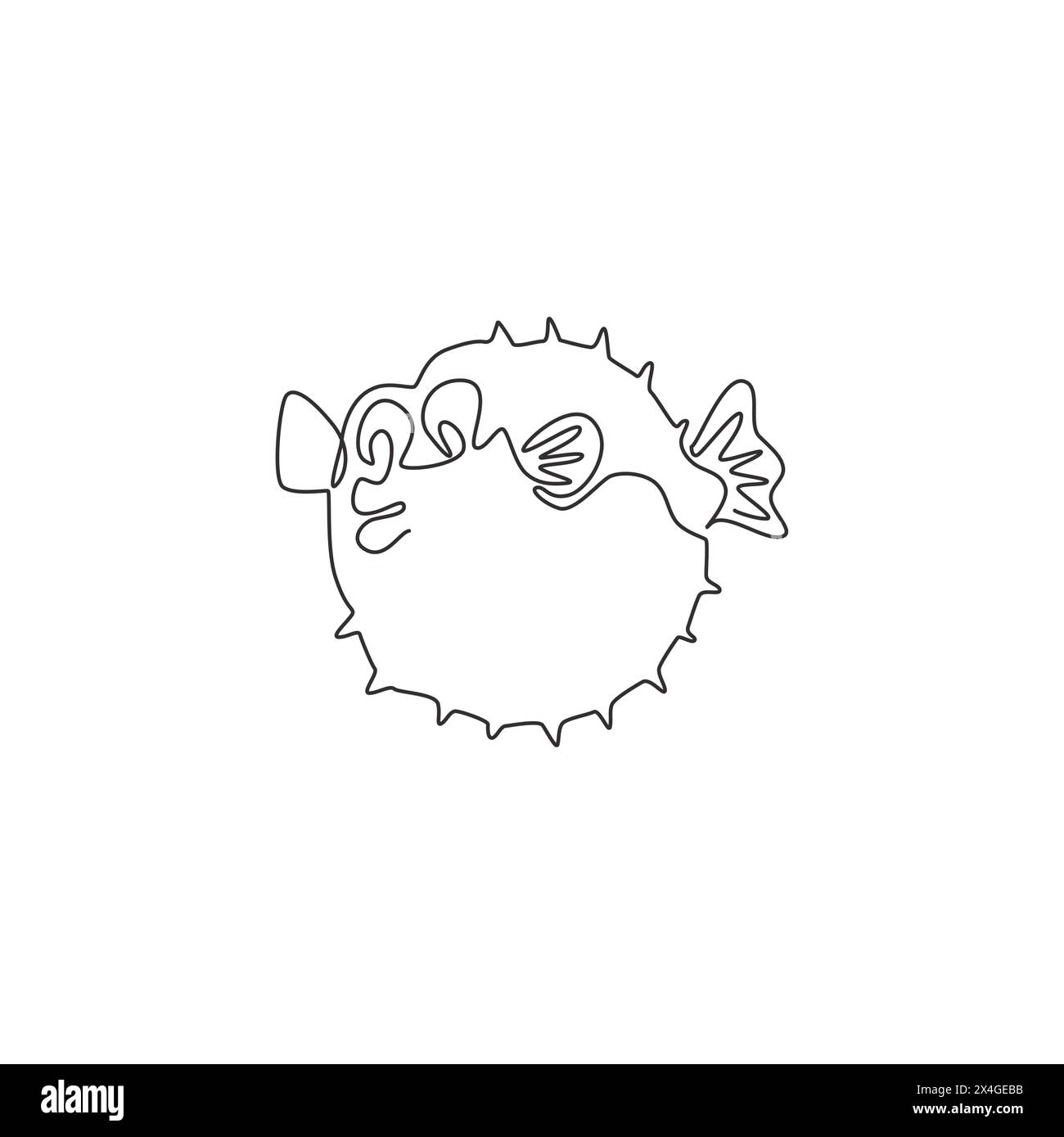 One continuous line drawing of cute pufferfish for aquatic logo ...