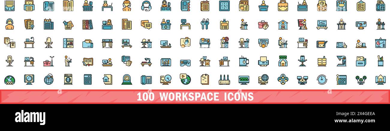 100 workspace icons set. Color line set of workspace vector icons thin ...