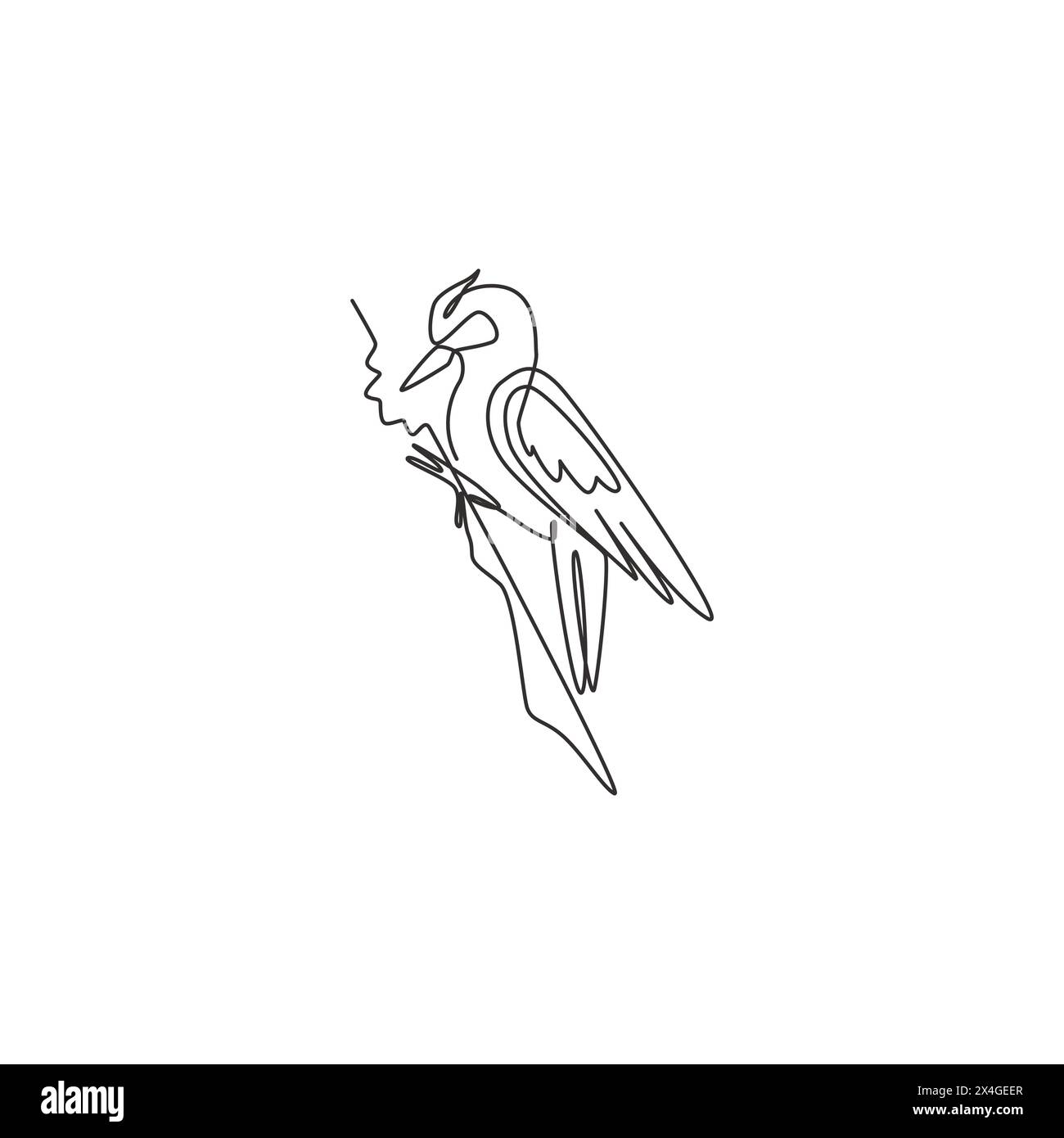 One continuous line drawing of cute woodpecker on wood tree. Beak ...