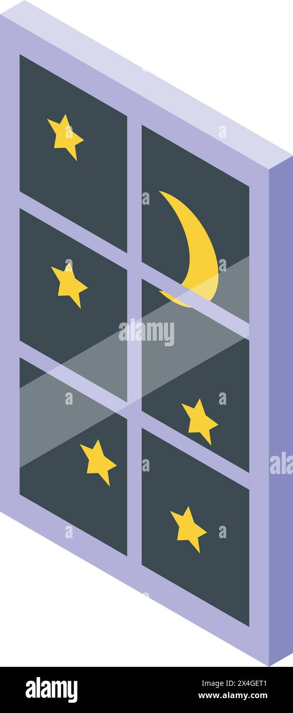 Moon and stars in window icon isometric vector. Night sky. Evening ...