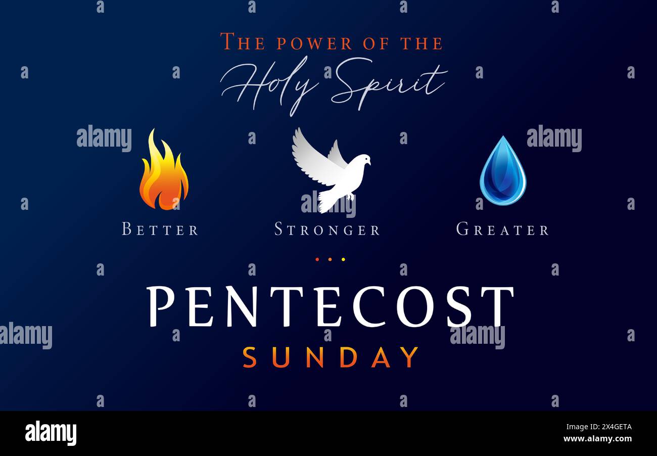 Pentecost Sunday banner - The power of the Holy Spirit with flame, dove and water icons. Vector ...