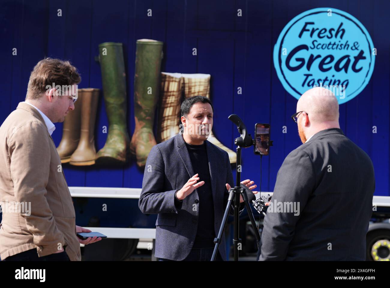 Scottish Labour leader Anas Sarwar speaks to the media during a visit ...