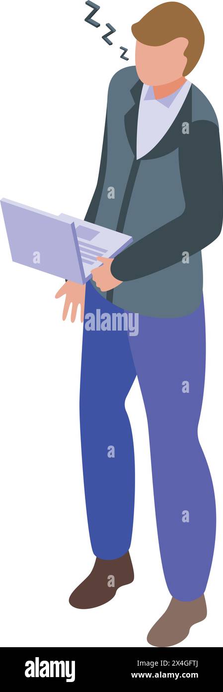 Sleeping workaholic man with laptop icon isometric vector. Tired busy ...