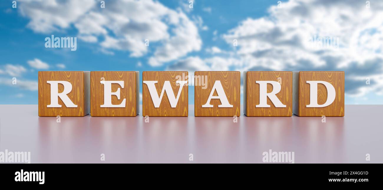 Reward. Reward. Wooden dices with white capital letters and the word ...