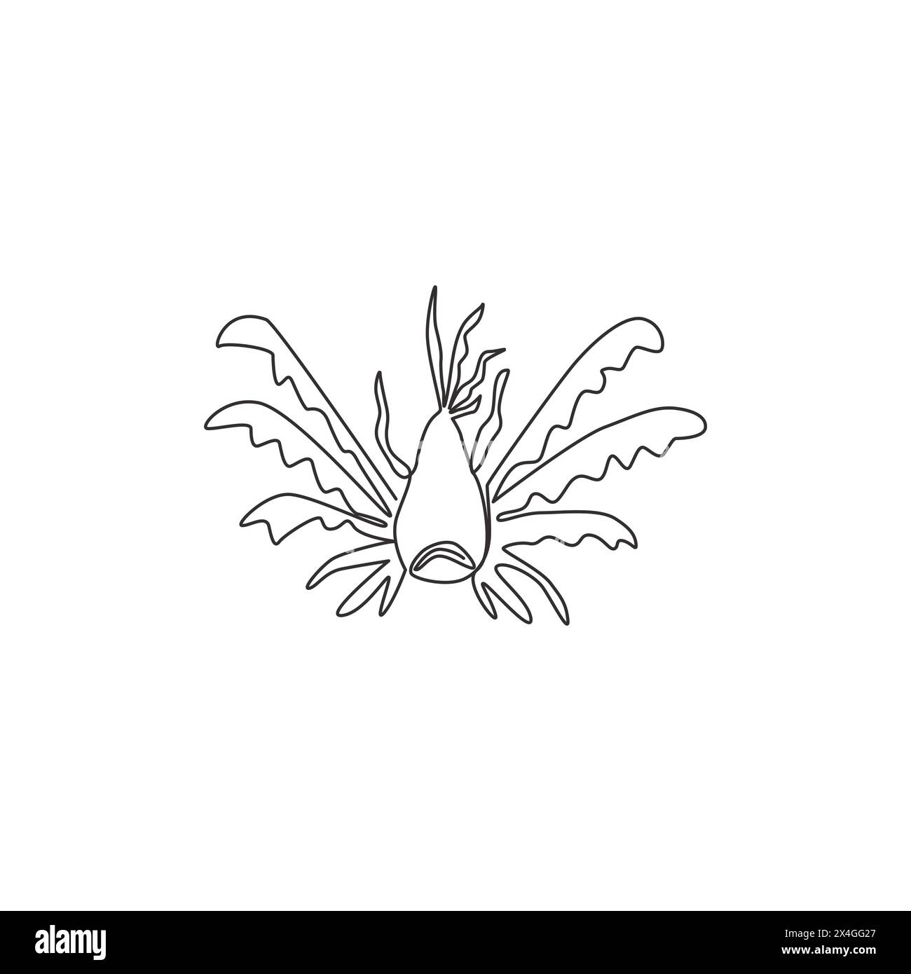 Single continuous line drawing of exotic stripped lionfish for company ...