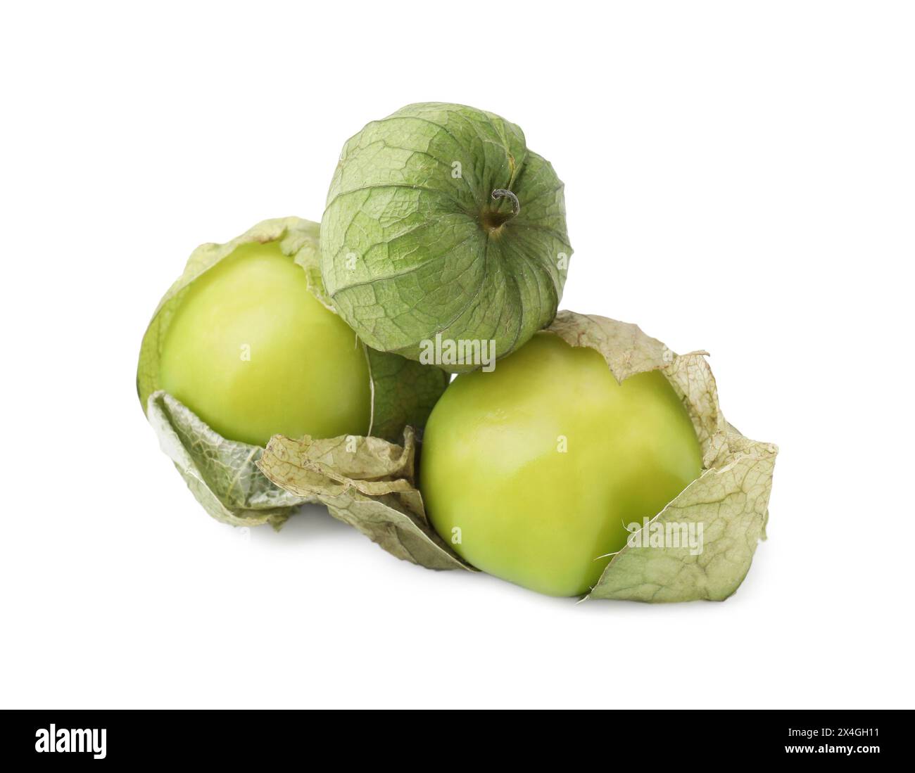 Fresh green tomatillos with husk isolated on white Stock Photo - Alamy