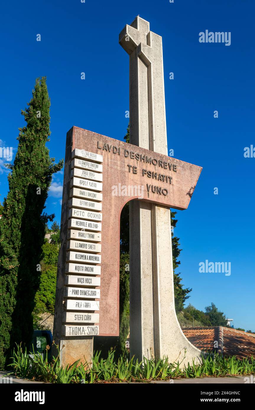Monument memorial to martyrs at village of Vuno, near Himare, Albania ...