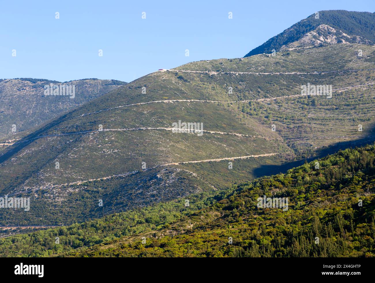 Zig-zag switchbacks on steep mountain road over Llogara Pass, Palase ...