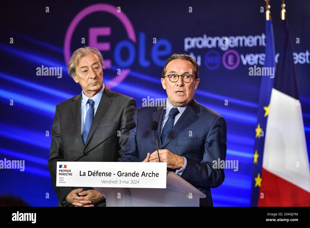 Chairman of the Yvelines Departmental Council Pierre Bedier delivers a speech during the ...