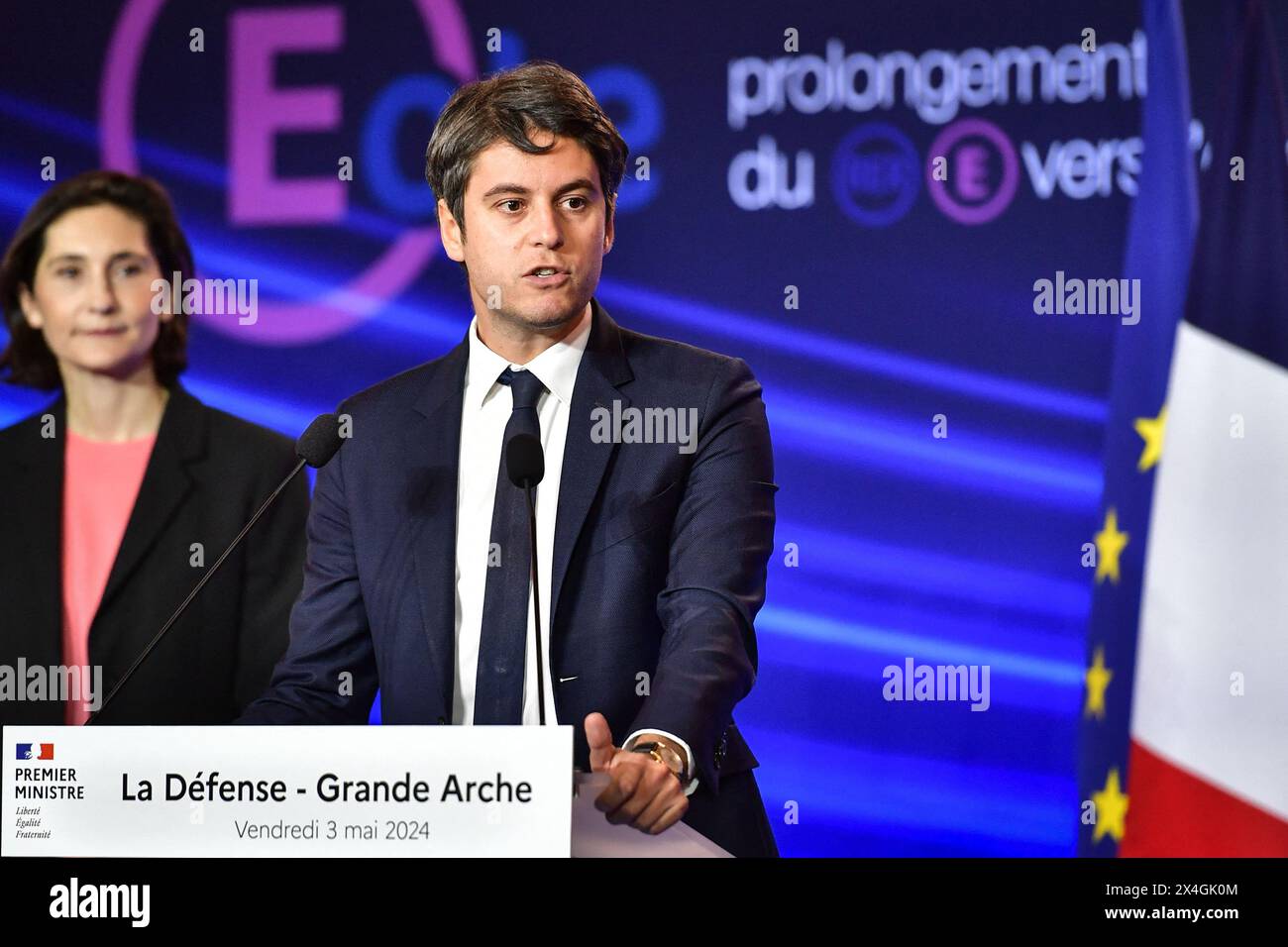 French Prime Minister Gabriel Attal delivers a speech during the ...