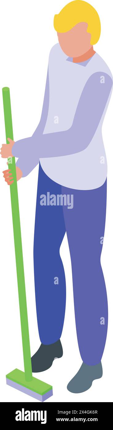 Boy cleaning floor with mop icon isometric vector. Child cleaner ...